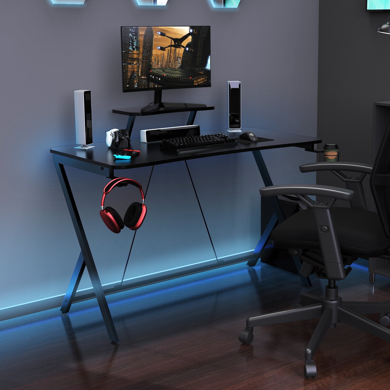 DEILALY 47" Wide Carbon Fiber Surface Computer Gaming Desk with Cup ...