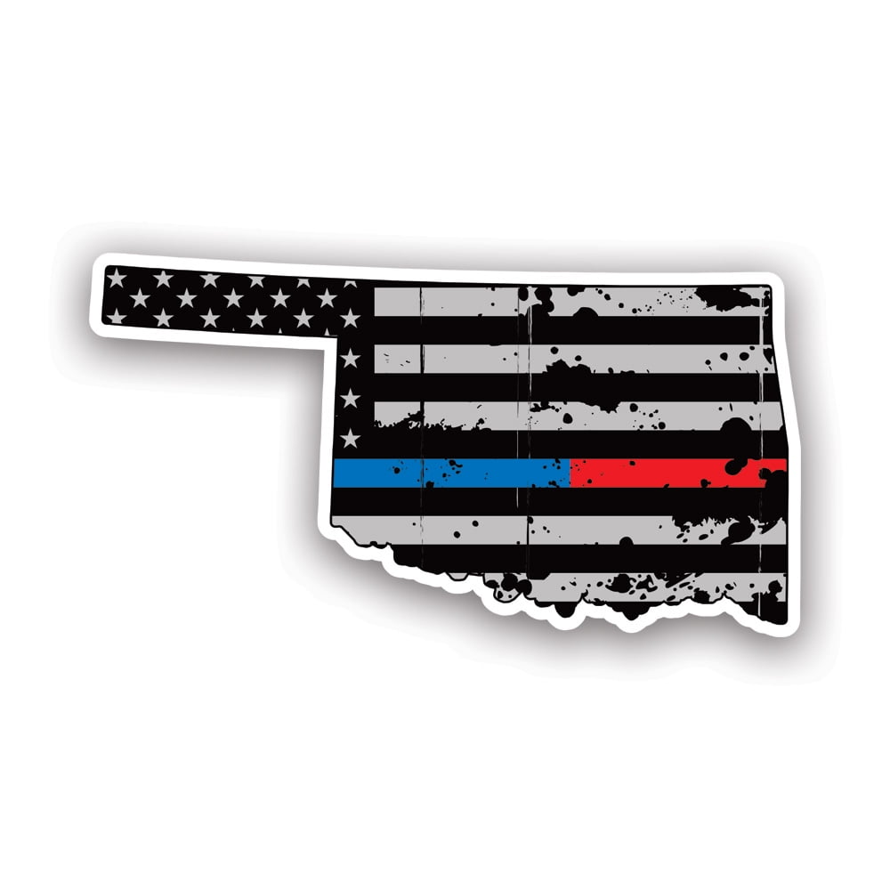 Distressed Thin Blue Red Line Oklahoma State Shaped Subdued US Flag ...
