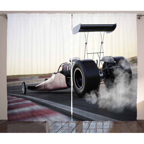 Cars Curtains 2 Panels Set, Dragster Racing down The Track with Burnout ...