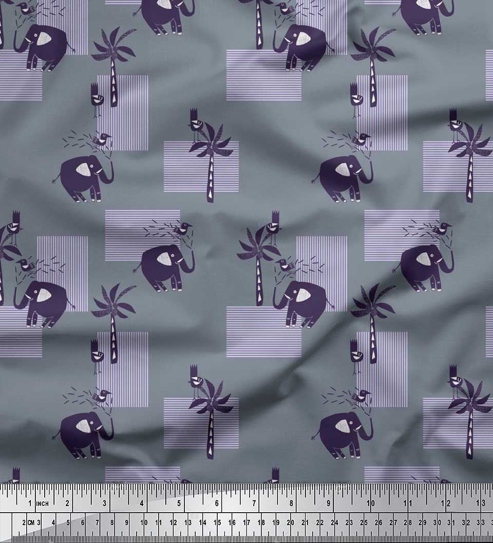 Soimoi Satin Silk Fabric Bird,Coconut Tree & Elephant Kids Print Fabric ...