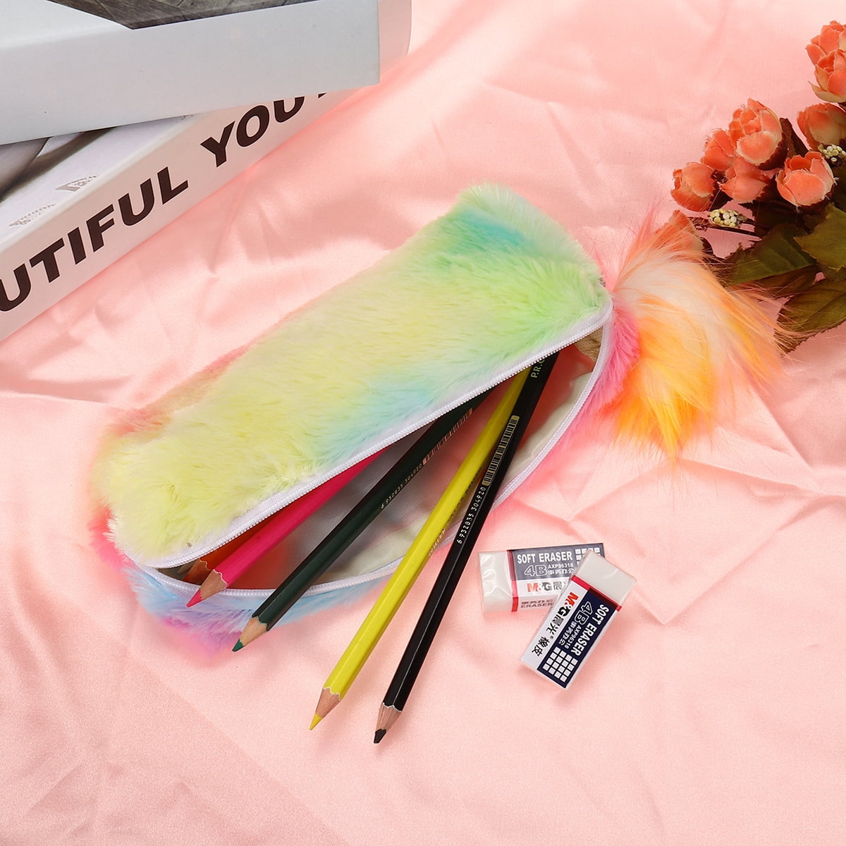 Rainbow Plush Ball Pencil Case Large Capacity Stationery Storage Bag ...