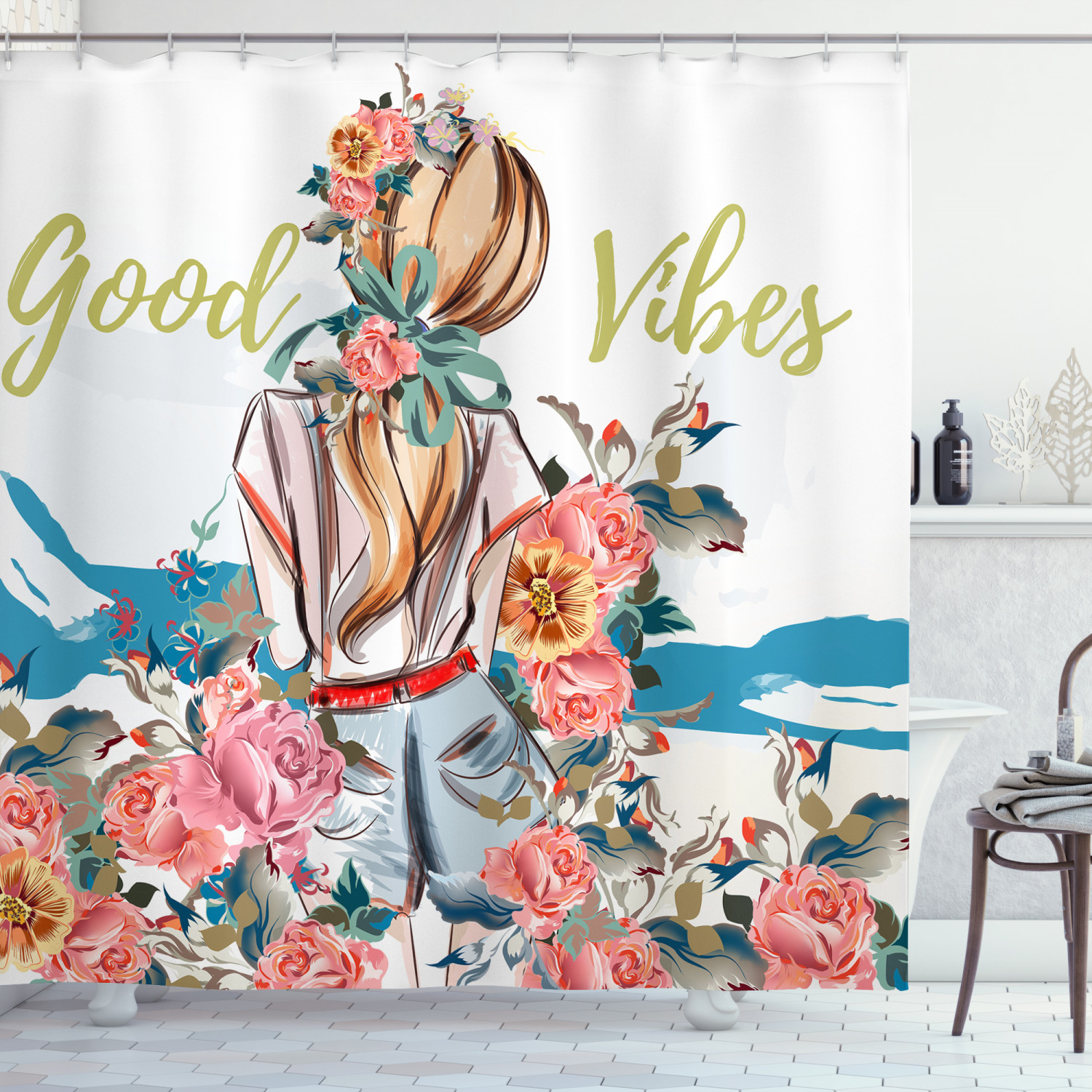 Ambesonne Chill Shower Curtain, Girl Rose Flourish, 69"Wx70"L ...