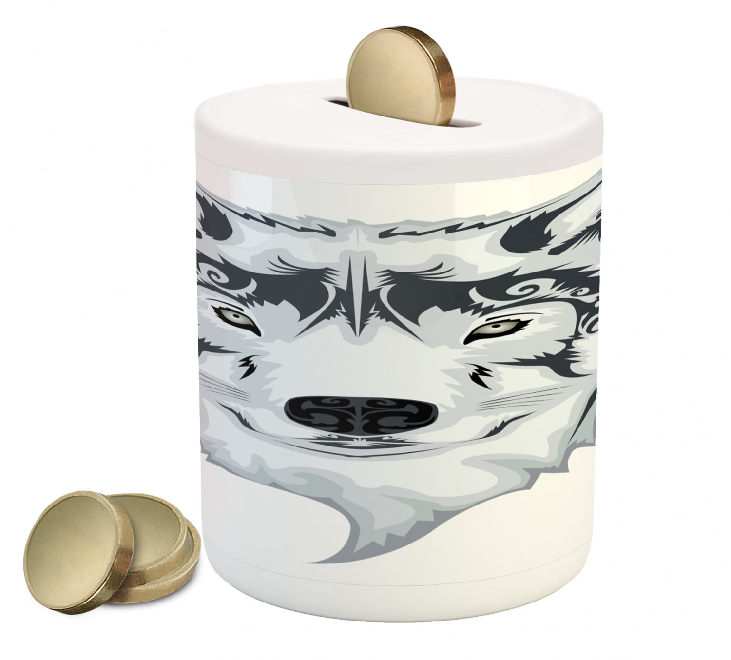 Tattoo Piggy Bank, Majestic Beast Creature Head of a Wild Wolf Tribal ...