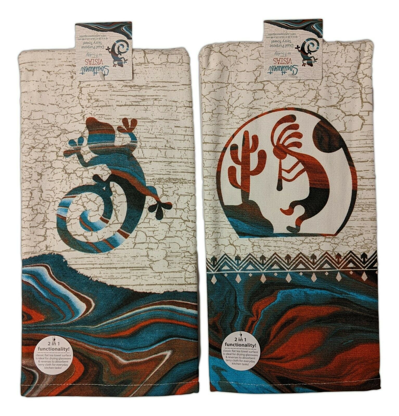 Set of 2 SOUTHWEST VISTAS Gecko & Kokopelli Kitchen Towels by Kay Dee ...
