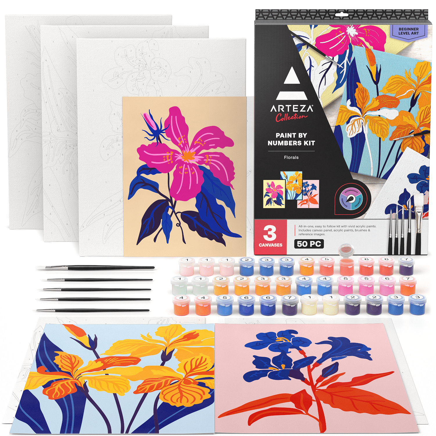 Arteza Collection Floral Paint by Numbers Kit, Unisex Adult Beginner ...