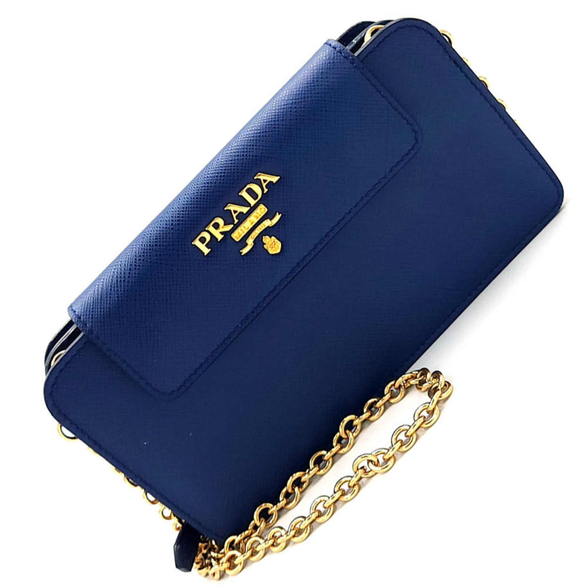 Pre-Owned PRADA Chain Wallet 1ZH048 Blue Saffiano Leather Long Shoulder ...
