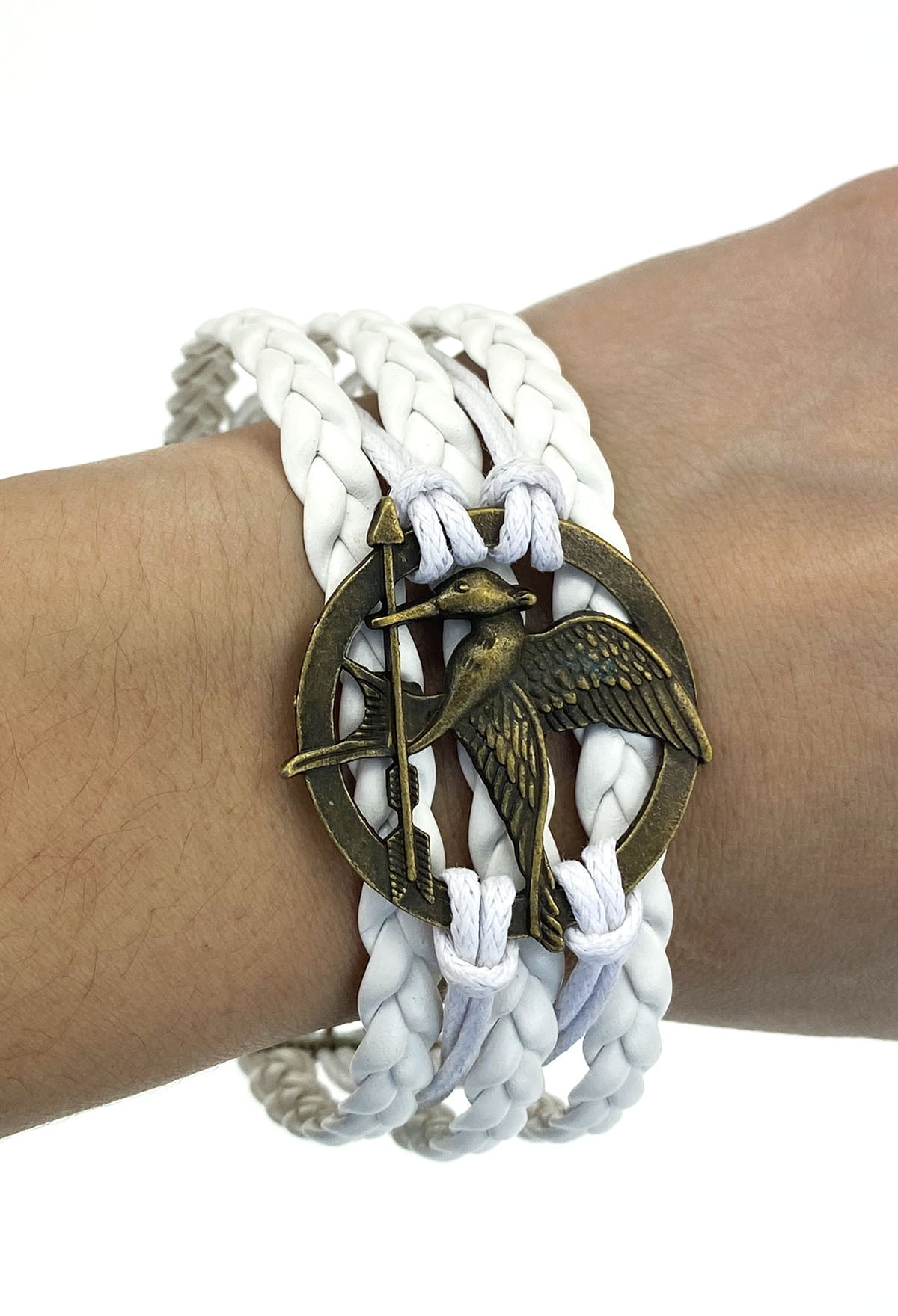 Vintage Bronze Mockingjay Bird Arrow White Braided Leather Rope ...