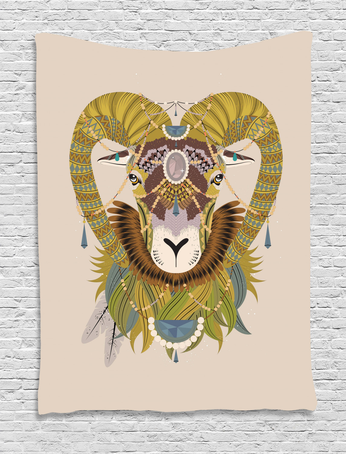 Goat Tapestry, Sumptuous Goat Head with Bighorn Abstract Artistic ...