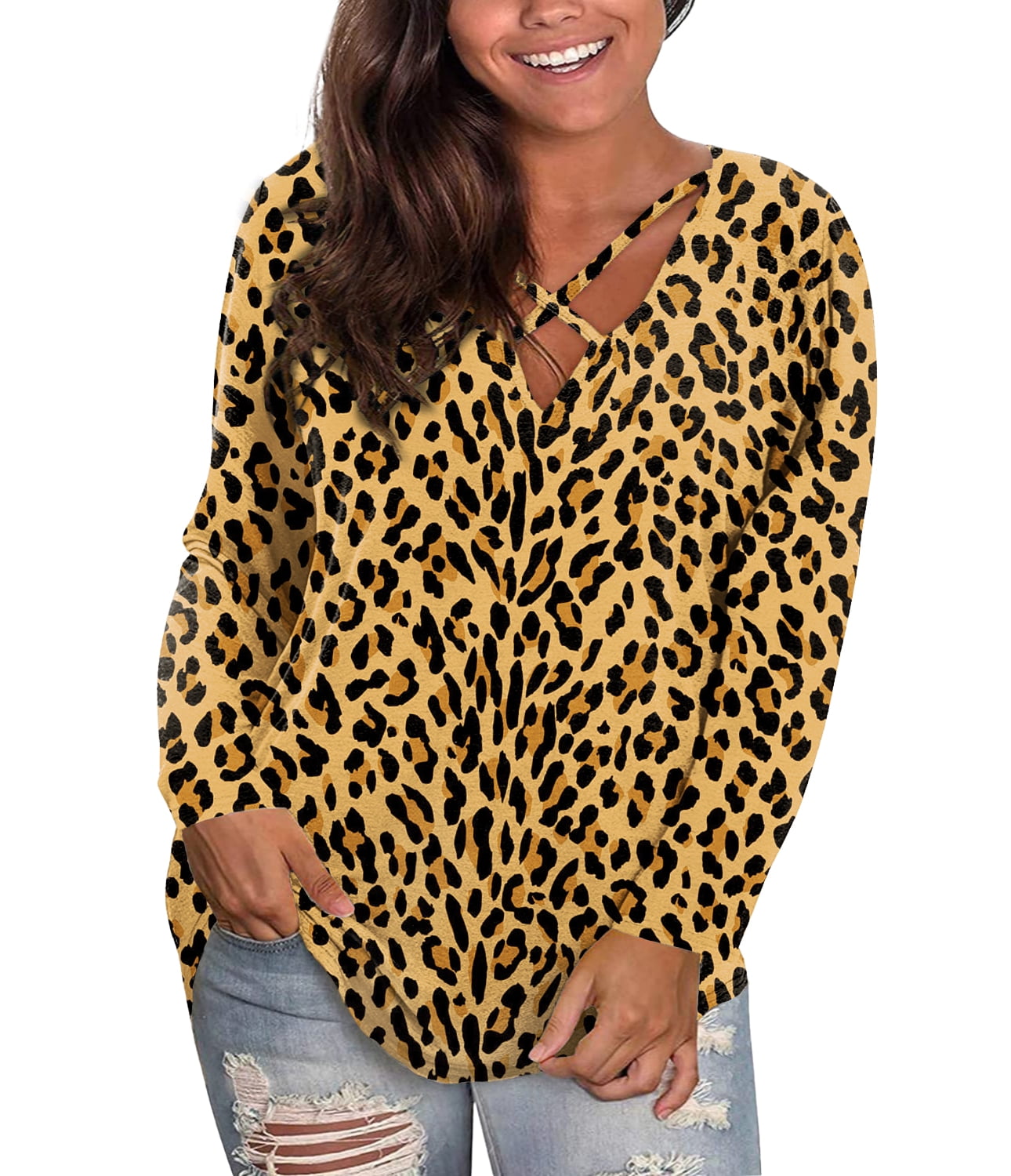 Anbech Leopard Shirt Women Plus Sizes Long Sleeve Leopard Print Tops ...