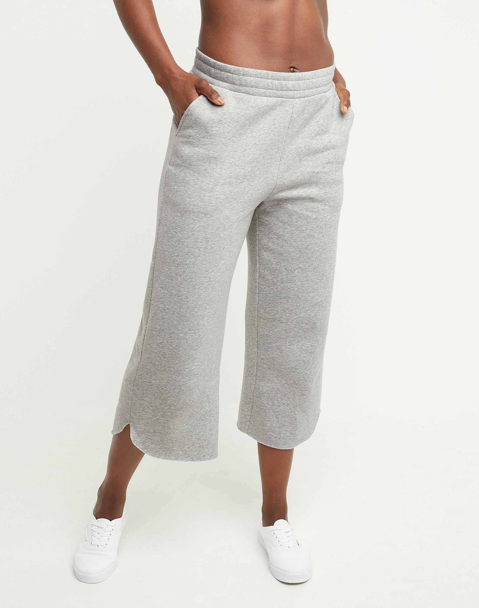 Hanes Womens Raw Edge Fleece Crop Pants With Pockets Heather Grey L
