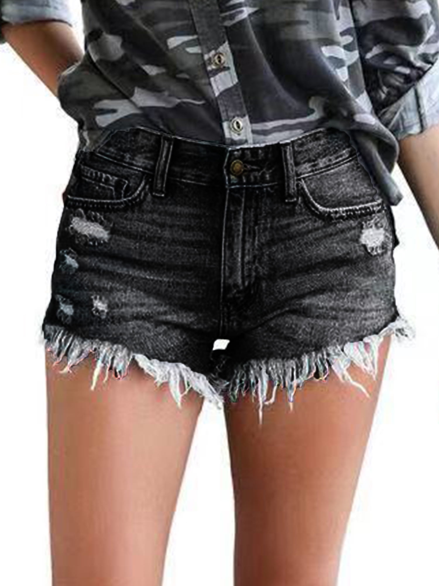 Orqqct Women Tassels Trim Short Jeans Ripped Zipper Denim Shorts ...