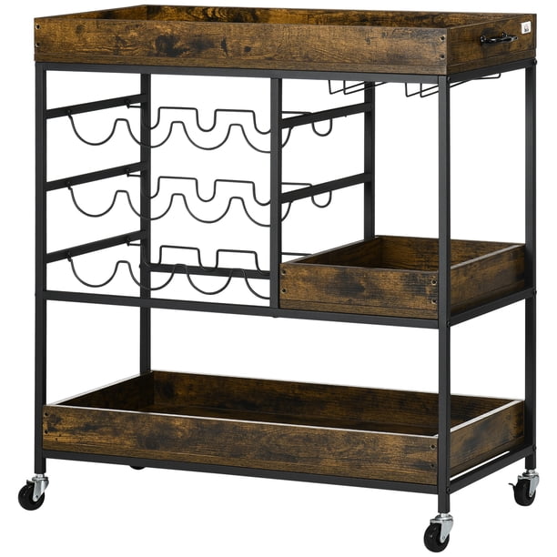 Industrial 3-Tier Rolling Kitchen Cart with Racks Glass Holders Easy ...