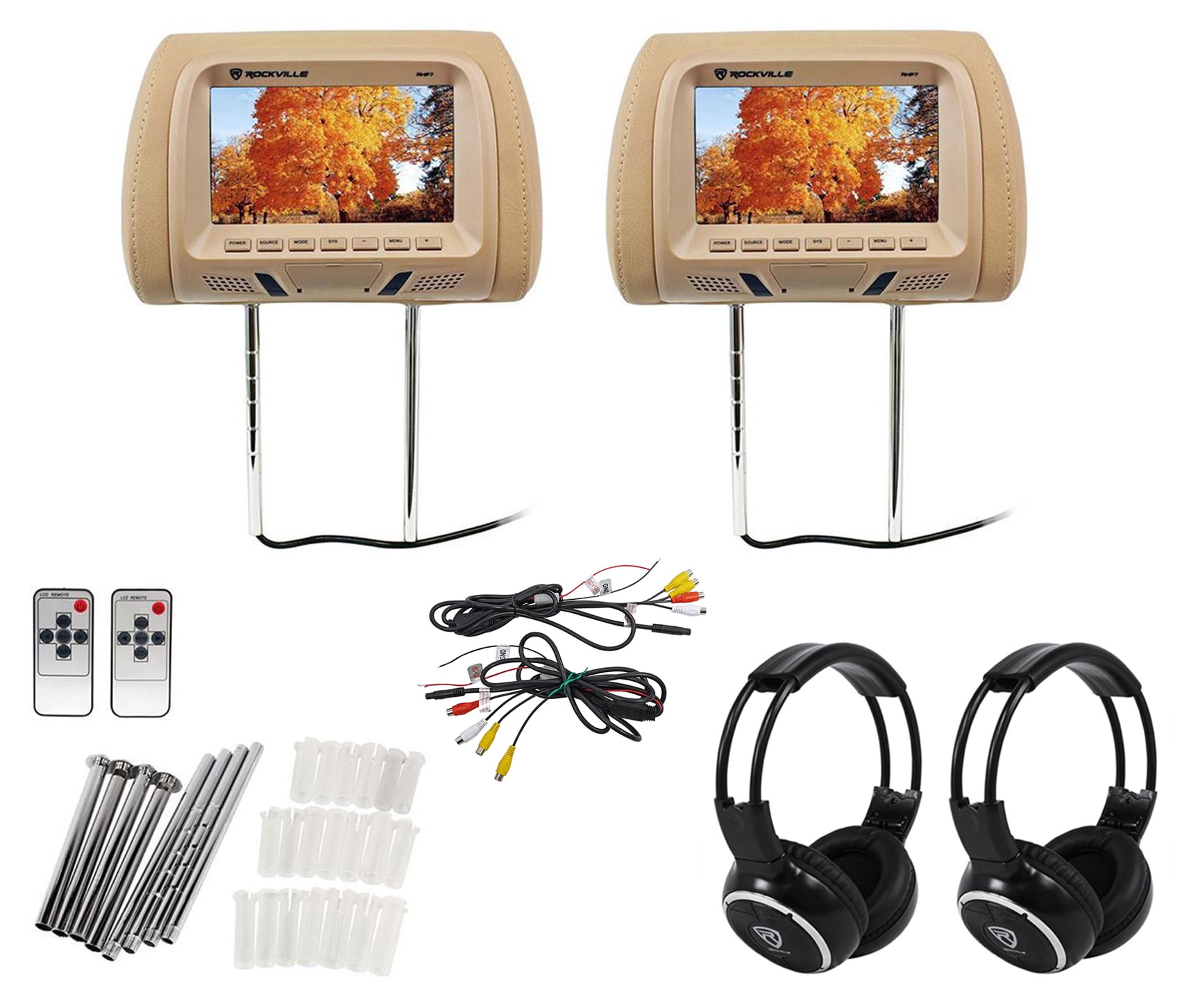 Pair Rockville RHP7-BG 7” Beige LCD Car Headrest Monitors + 2 Wireless ...