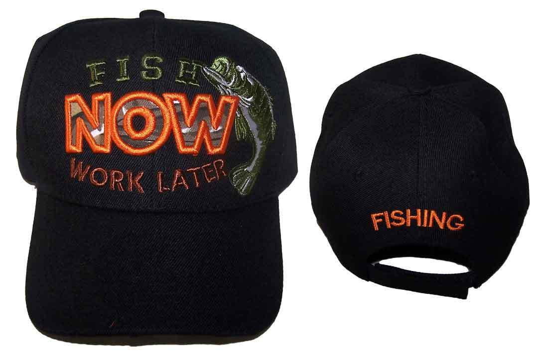 "Fish Now Work Later" Bass Fishing Baseball Caps Black Color Uni-Sex ...