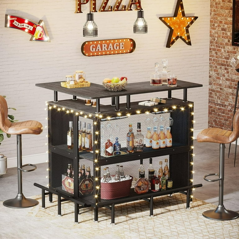 Tribesigns L Shaped Liquor Bar Table with Stemware Racks and 2 Tier Shelves Corner Mini Bar Cabinet Coffee Bar Table
