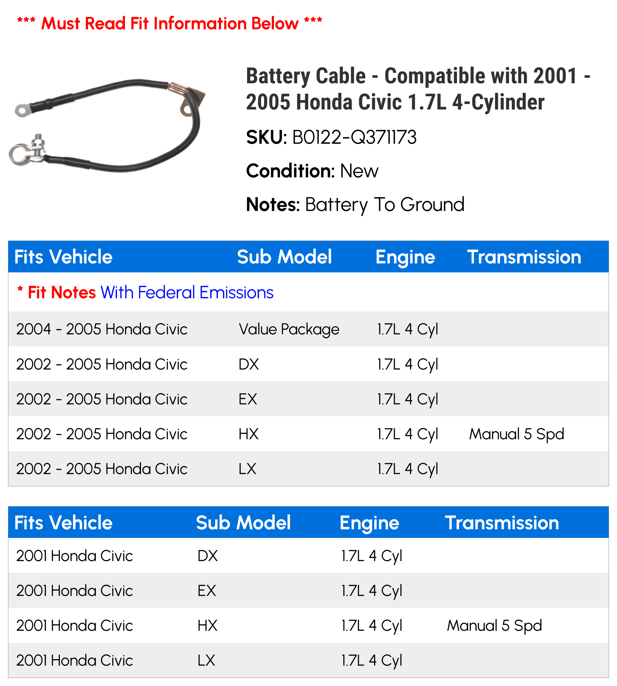 Battery Cable Compatible with 2001 2005 Honda Civic 1.7L 4 Cylinder 2002 2003 2004