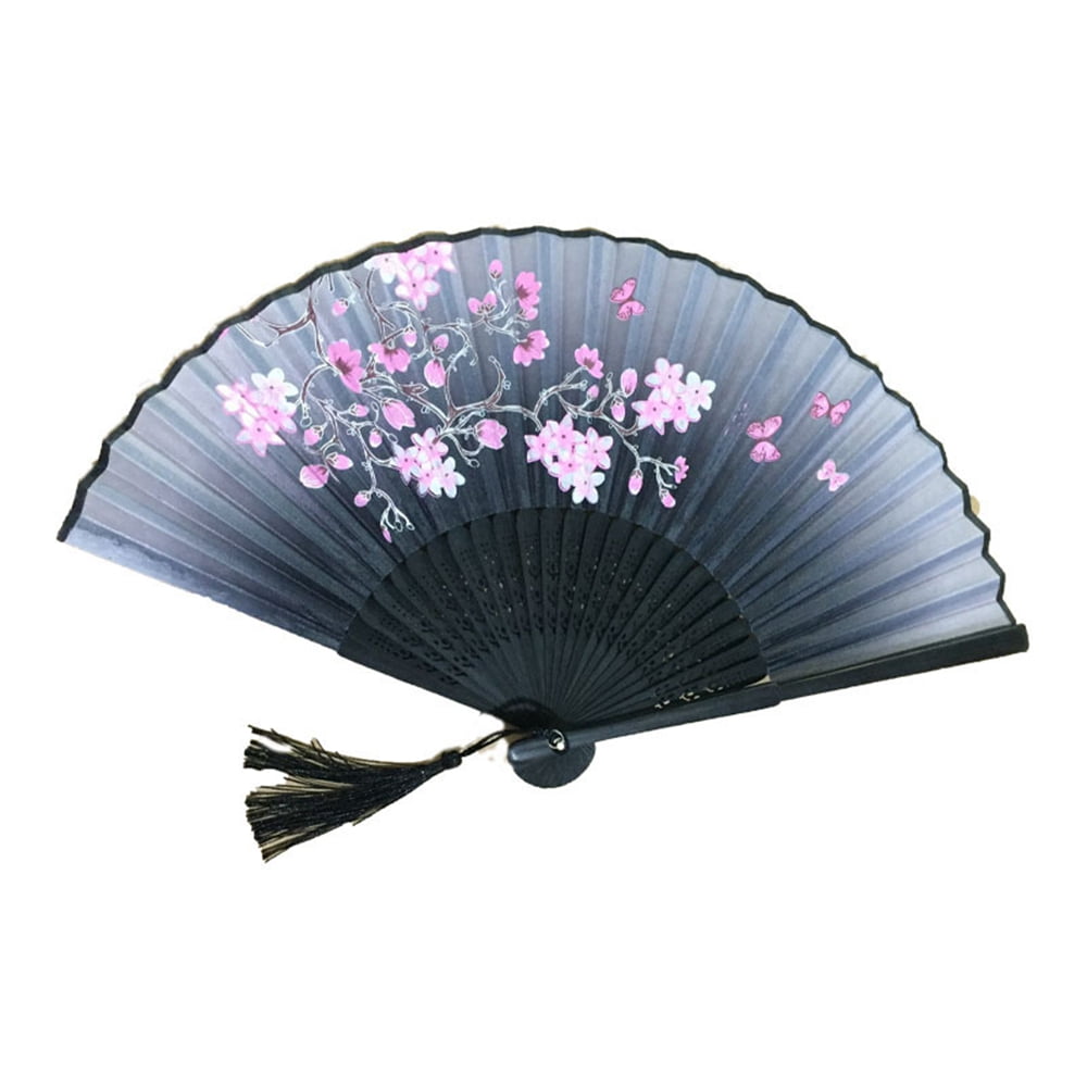 Chinese Fan - Cherry Blossom Flowers Leaves Vintage Style Silk Hand ...