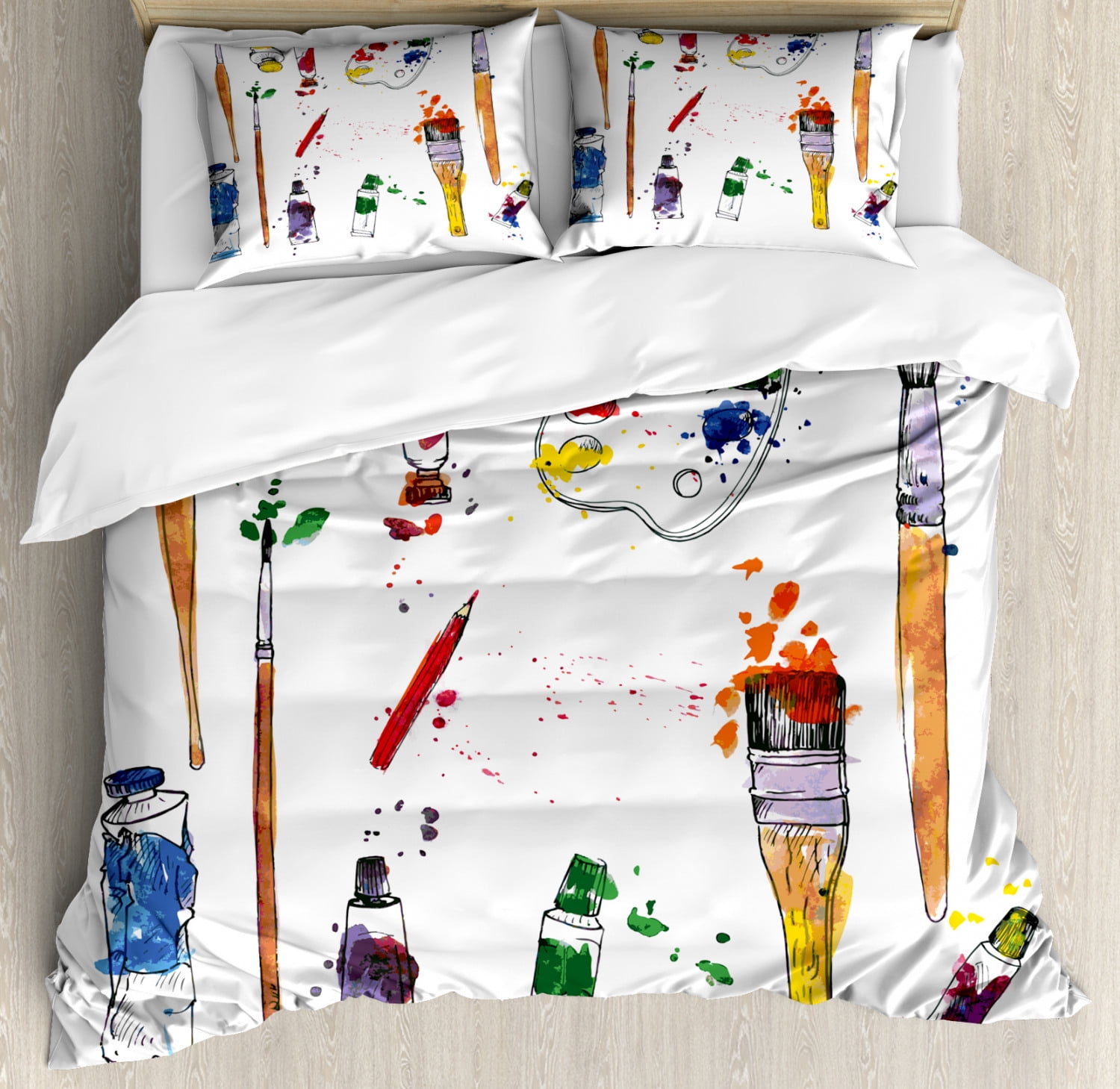 Art Duvet Cover Set, Watercolor Paint Splashes Materials Palette Paint ...
