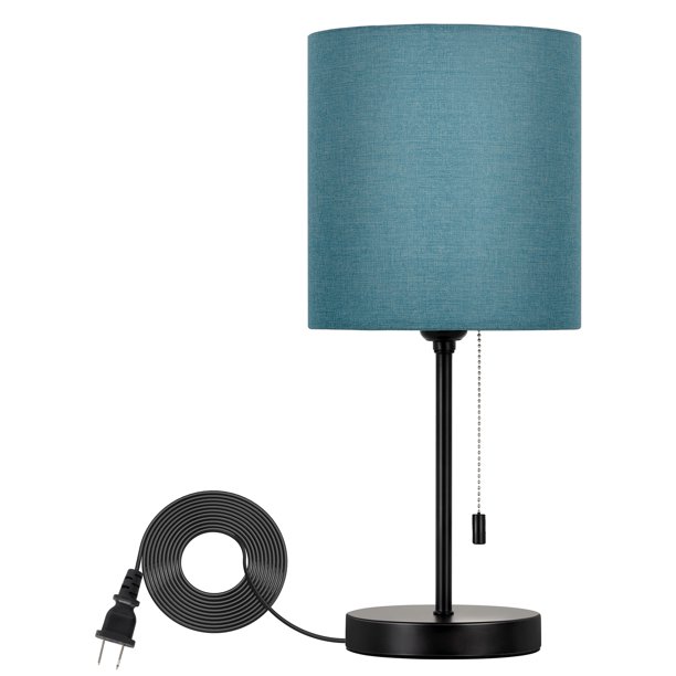 Black Modern Table Lamp, Simple With Blue Fabric Shade, Pull Chain ...