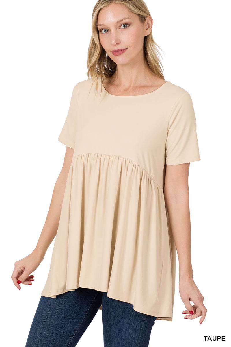 Zenana Women & Plus Round Neck Brushed DTY Short Sleeve Ruched Tunic Blouse Top - Walmart.com