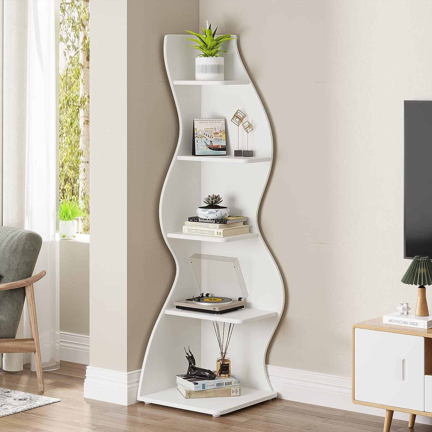 Tribesigns 5 Tier Corner Shelf Modern Wall Corner Bookshelf Stylish Corner Small Bookcase Display Storage Rack with Unique Shape for Living Room