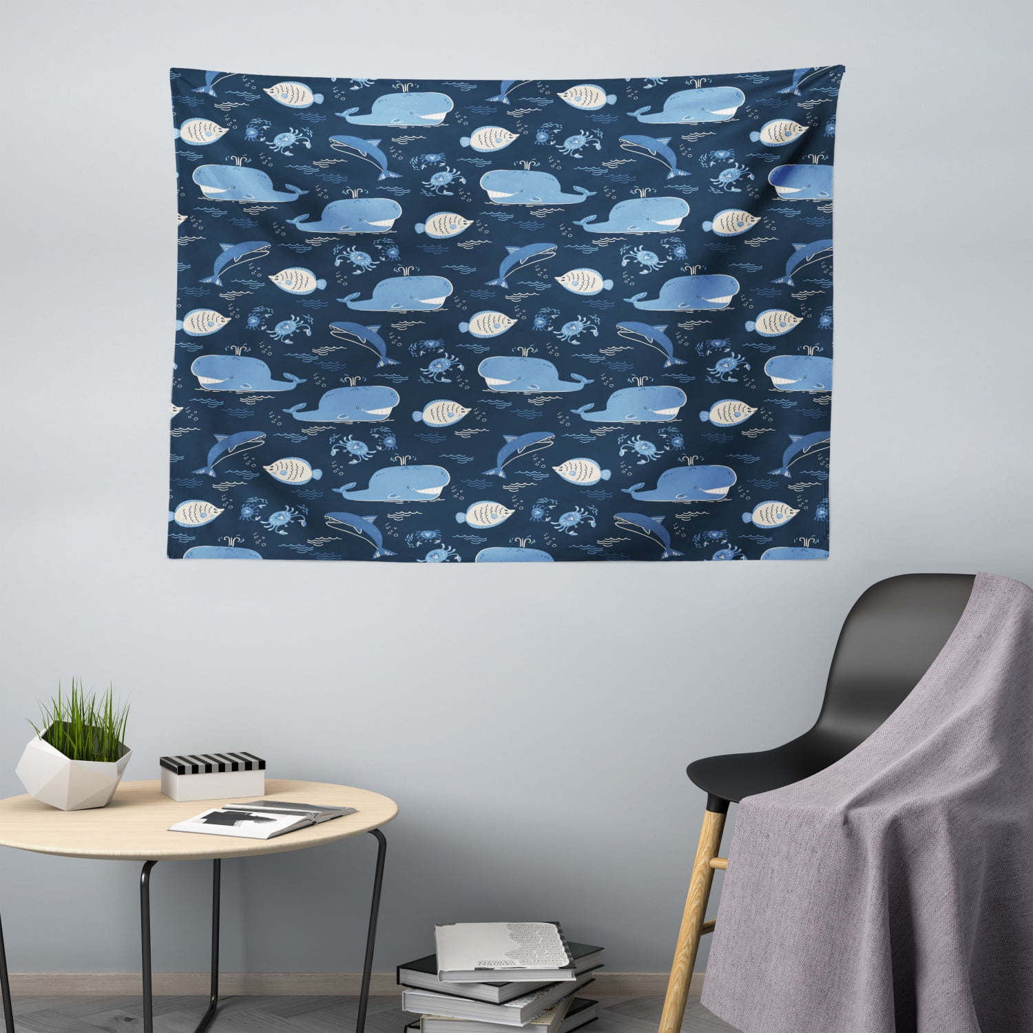 Whales Tapestry, Repetitive Crabs Waves Flock of Fish Motifs on Dark ...