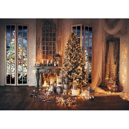 AIIKES 8x6FT Christmas Tree Backdrops Indoor Fireplace Photography Background Xmas Gifts Ball ...