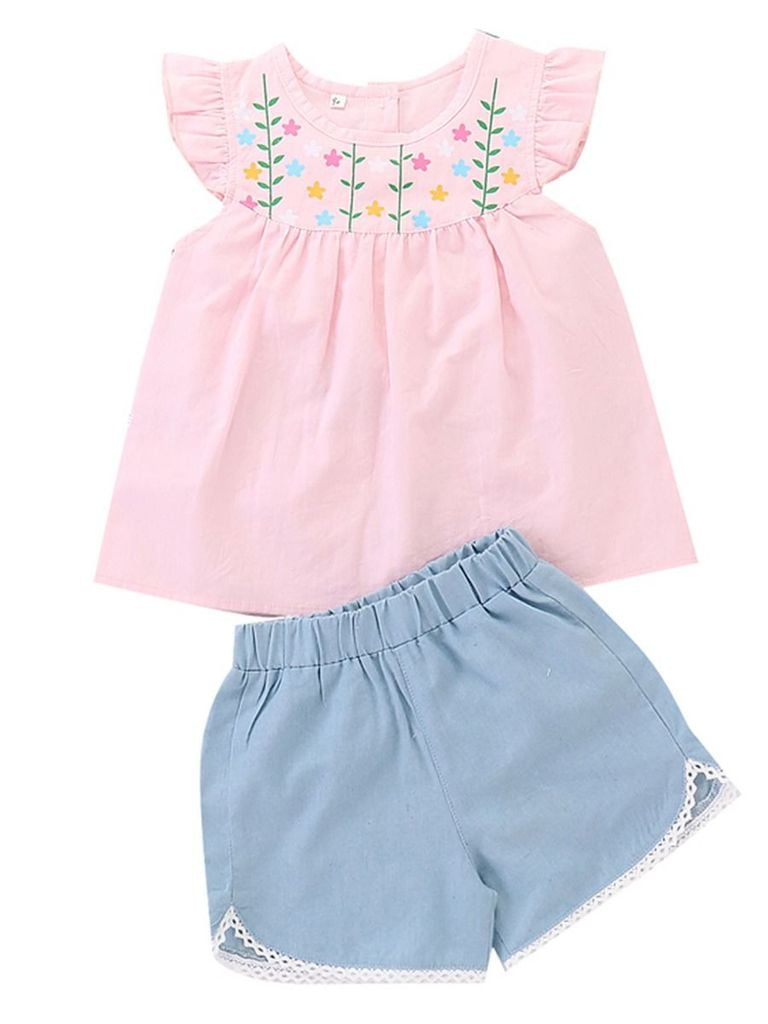 LITTLE GIRL PINK FLOWER TUNIC WITH BLUE SHORTS - Walmart.com