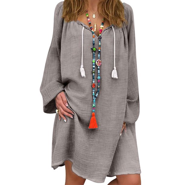 Women Long Sleeve V Neck Robe Dress with Drawstring - Walmart.com