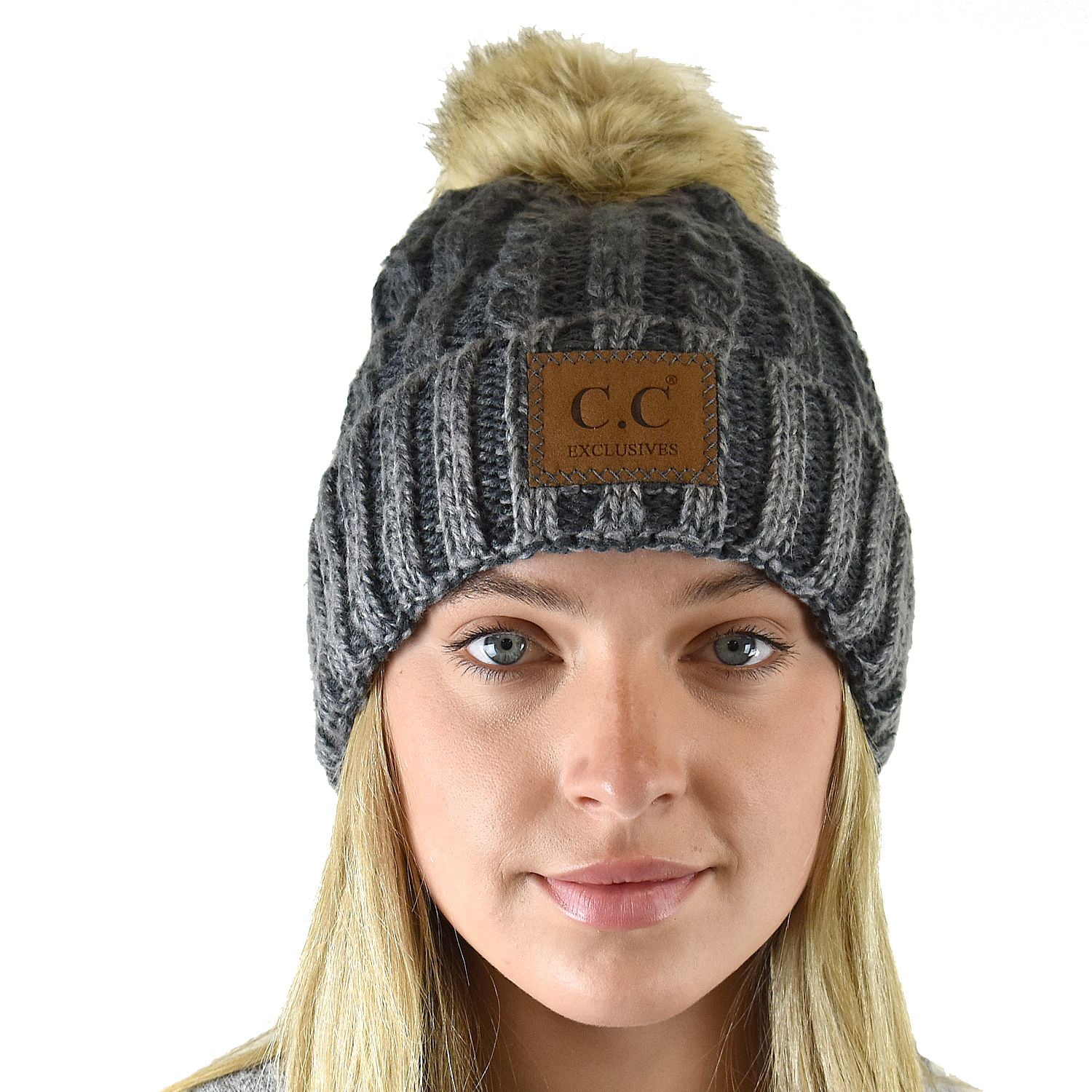 C.C Thick Cable Knit Faux Fuzzy Fur Pom Fleece Lined Skull Cap Cuff ...
