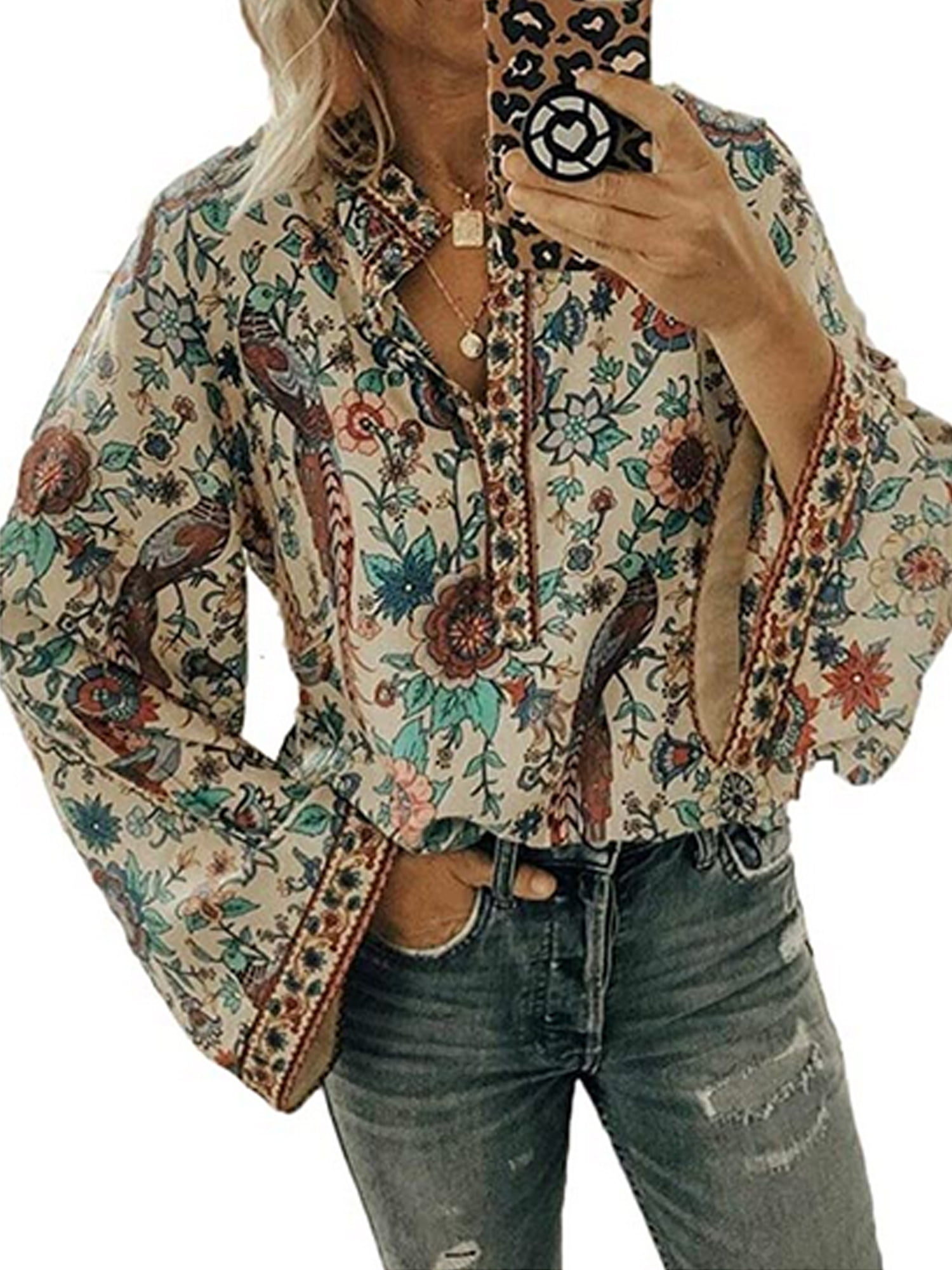 Wybzd Women Bohemian V Neck Floral Printed Long Sleeve Shirts Blouse