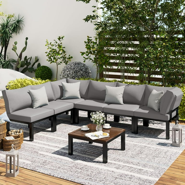 Yodolla Outdoor Patio Furniture Set Metal Patio Sectional Conversation Sofa Clearance Black Wrought Iron Outdoor Furniture Sets with Grey Cushions