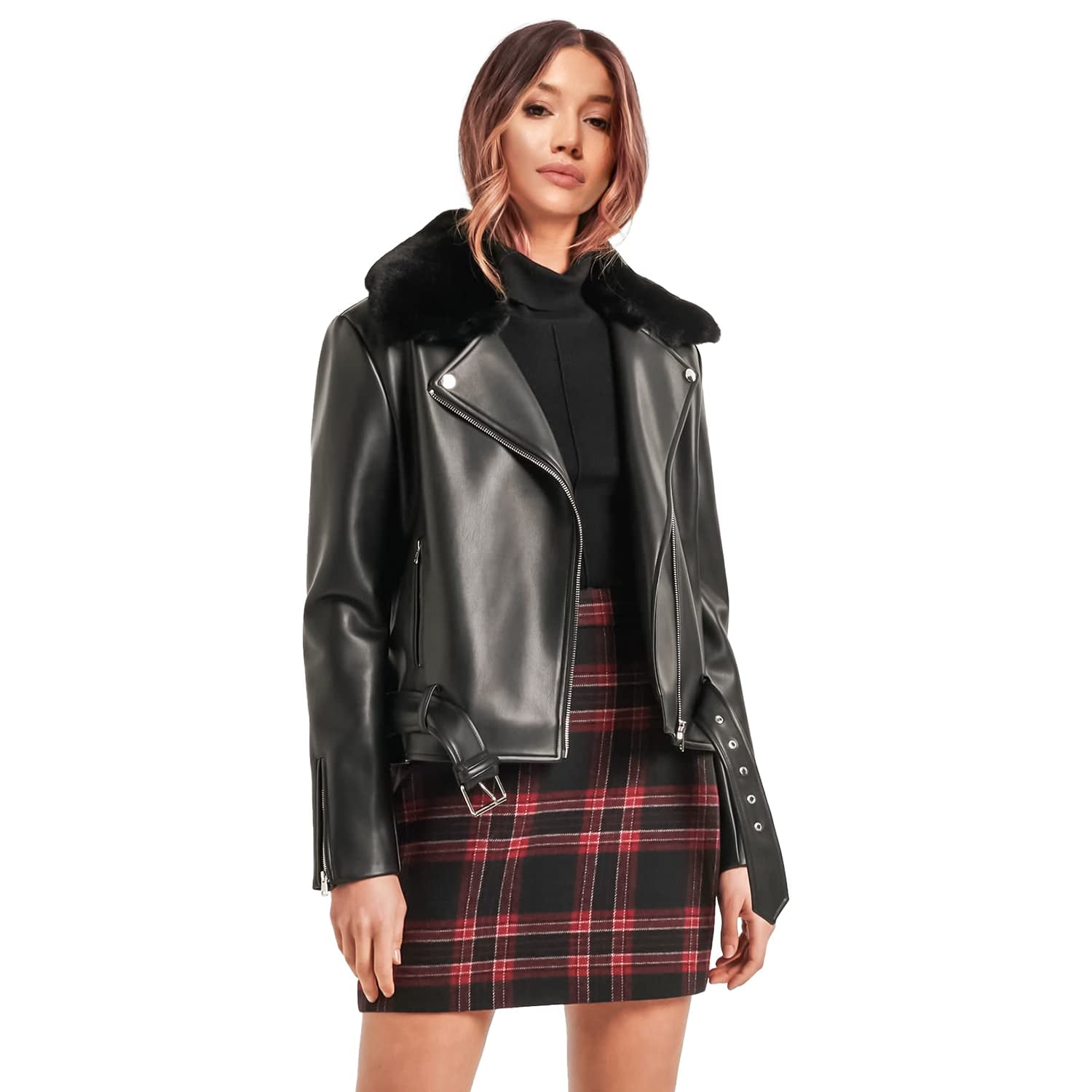 Suprenx Women's Faux Fur Leather Jacket Zip Up Classic Warm Coat - Walmart.com