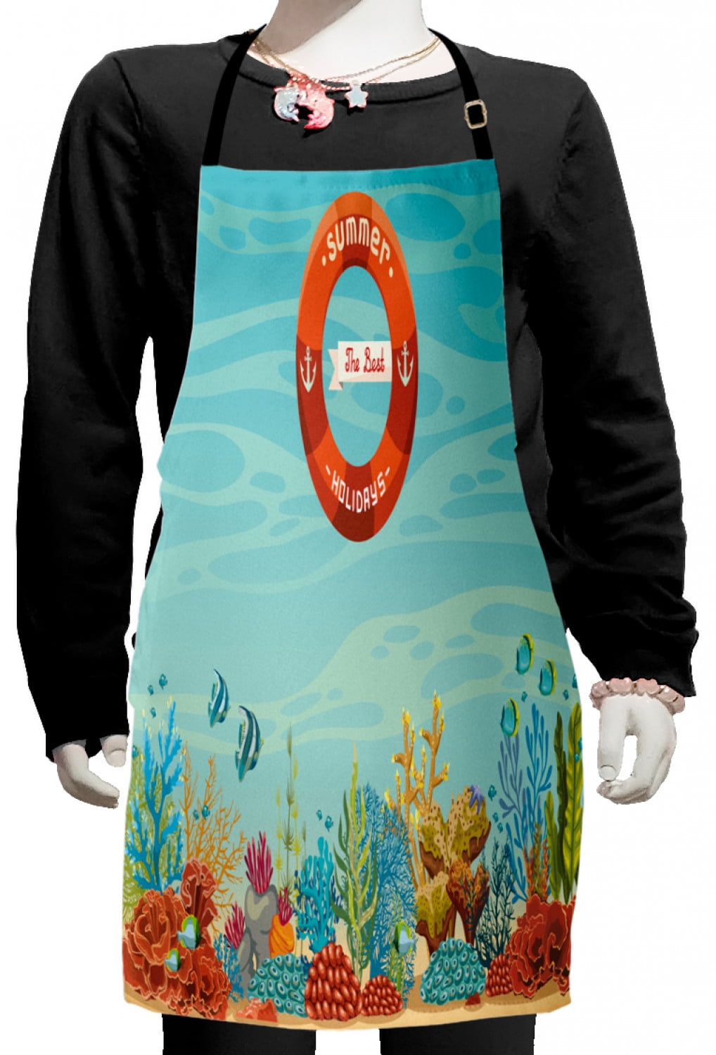 Marine Kids Apron, Lifebuoy over Coral Reef Sea Tropical Ocean Bubbles ...