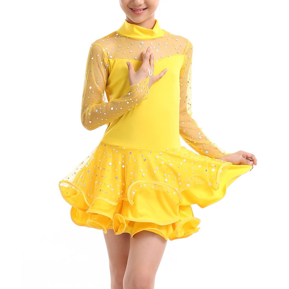 HAORUN Child Girls Sequin Mesh Latin Costume Ballroom Ruffle Dance ...