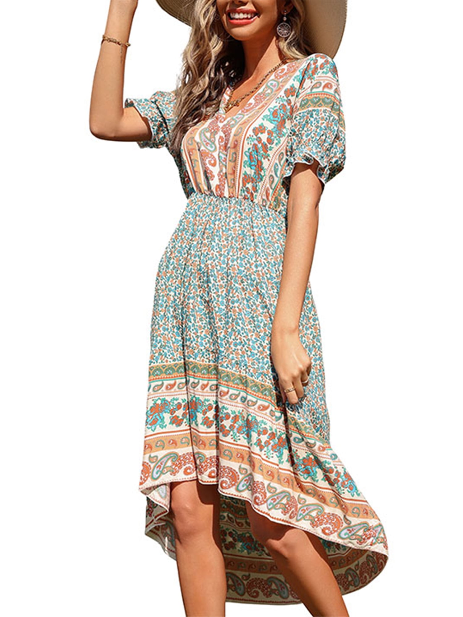 Sunisery Boho Dress for Women Floral A-line One Piece Vintage Backless ...