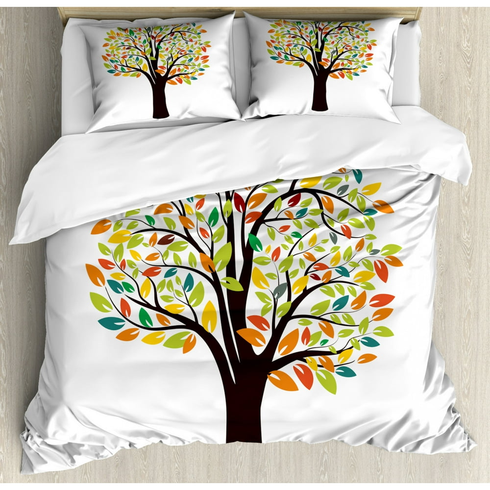 Tree Duvet Cover Set Queen Size, Abstract Leaves Forest Flora Autumnal ...
