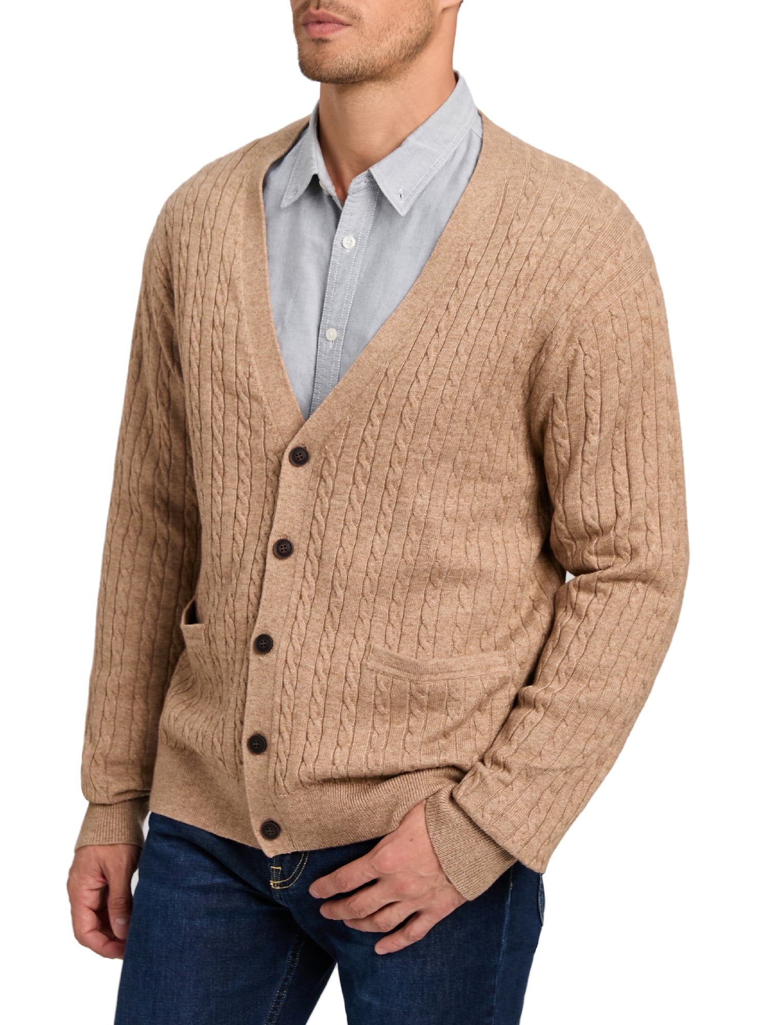 Kallspin Men’s Wool Blend V-Neck Cable-Knit Cardigans Sweaters (Coffee ...