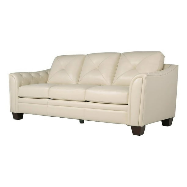 Maklaine 21" Transitional Leather Tufted Fitted Back Sofa in Ivory ...