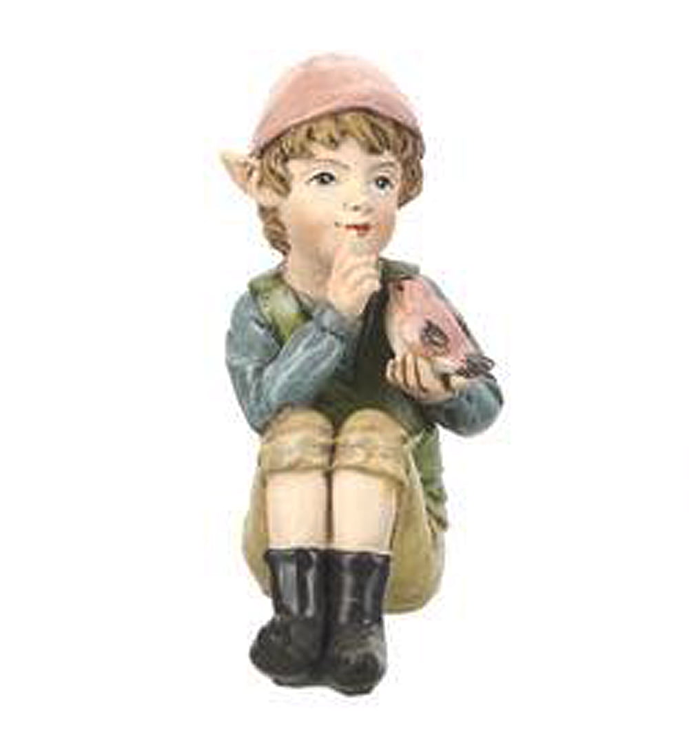 Boy Elf Sitting With Bird Figurine - Garden Fantasy Collection by Ganz ...