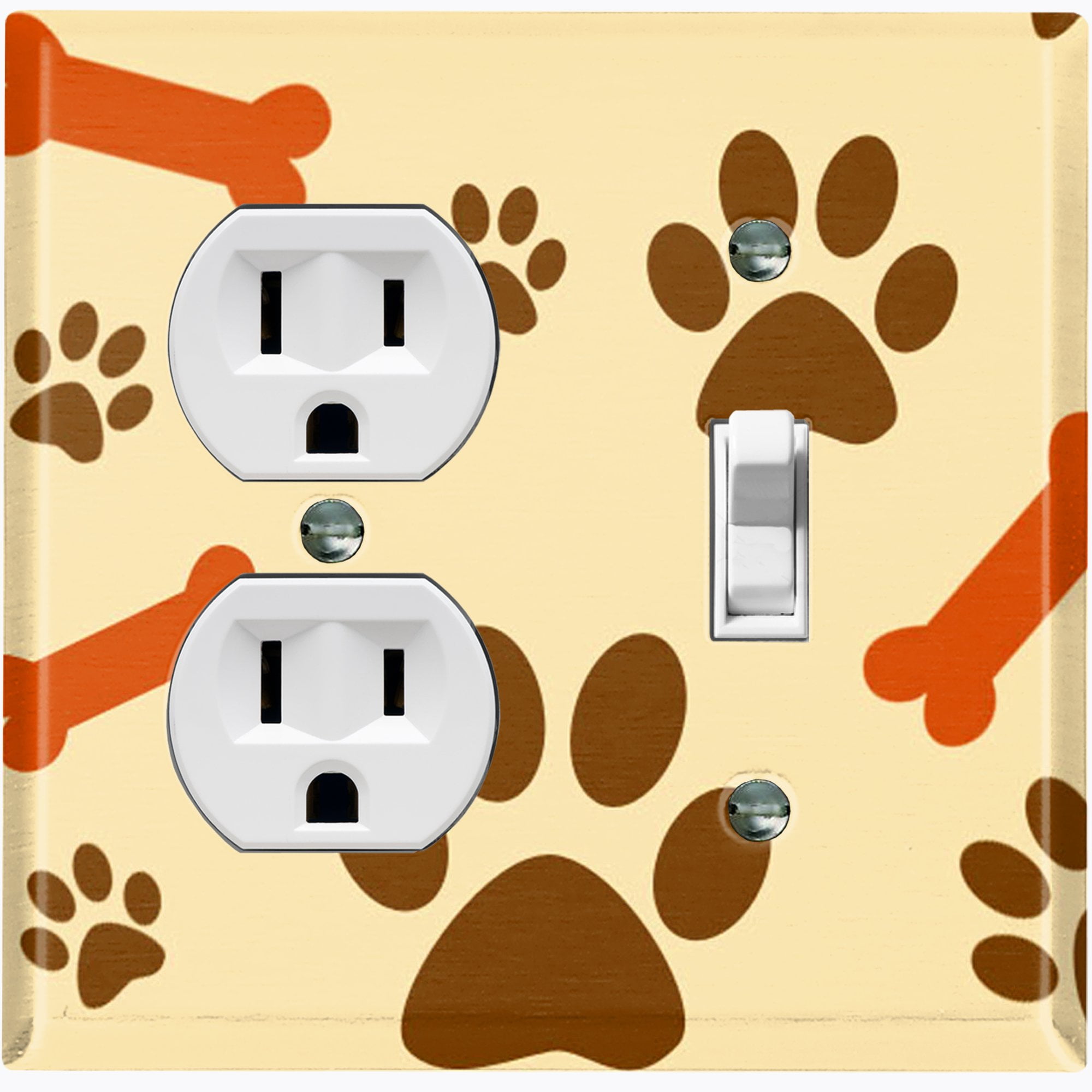 Metal Light Switch Plate Cover Puppy Dog Paw Print Bones Orange Beige ...