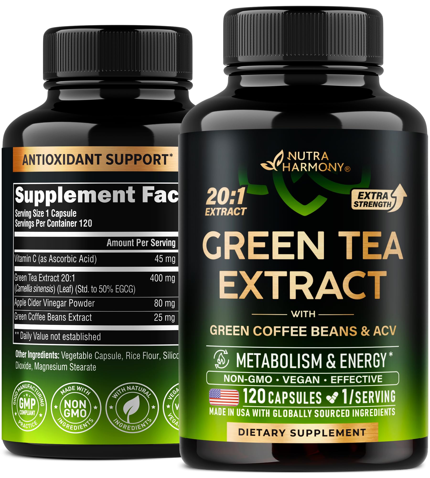 Suplemento de extracto de té verde NUTRAHARMONY 120 cápsulas veganas ...