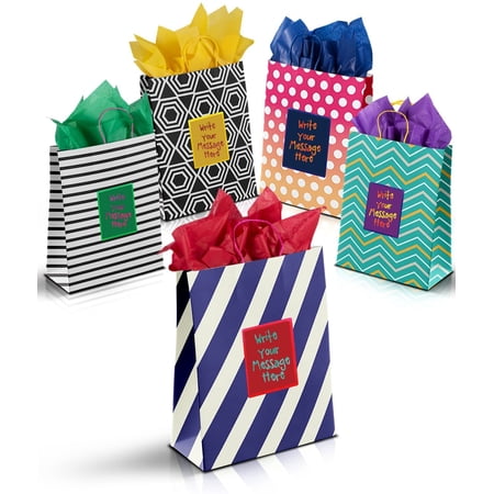 5 Medium Gift Bags with Handles, Tissue Paper & Scratch Paper Panel for ...