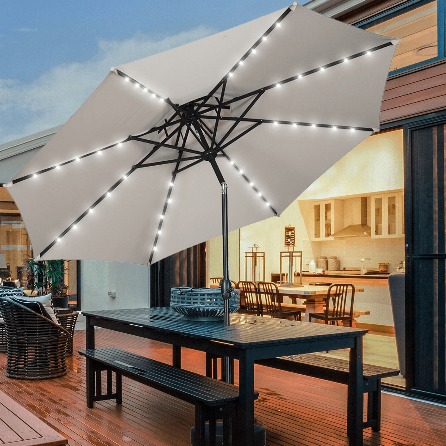 Autlaycil 10FT Patio Umbrellas with Solar Lights Outdoor Umbrella W/ 2 ...