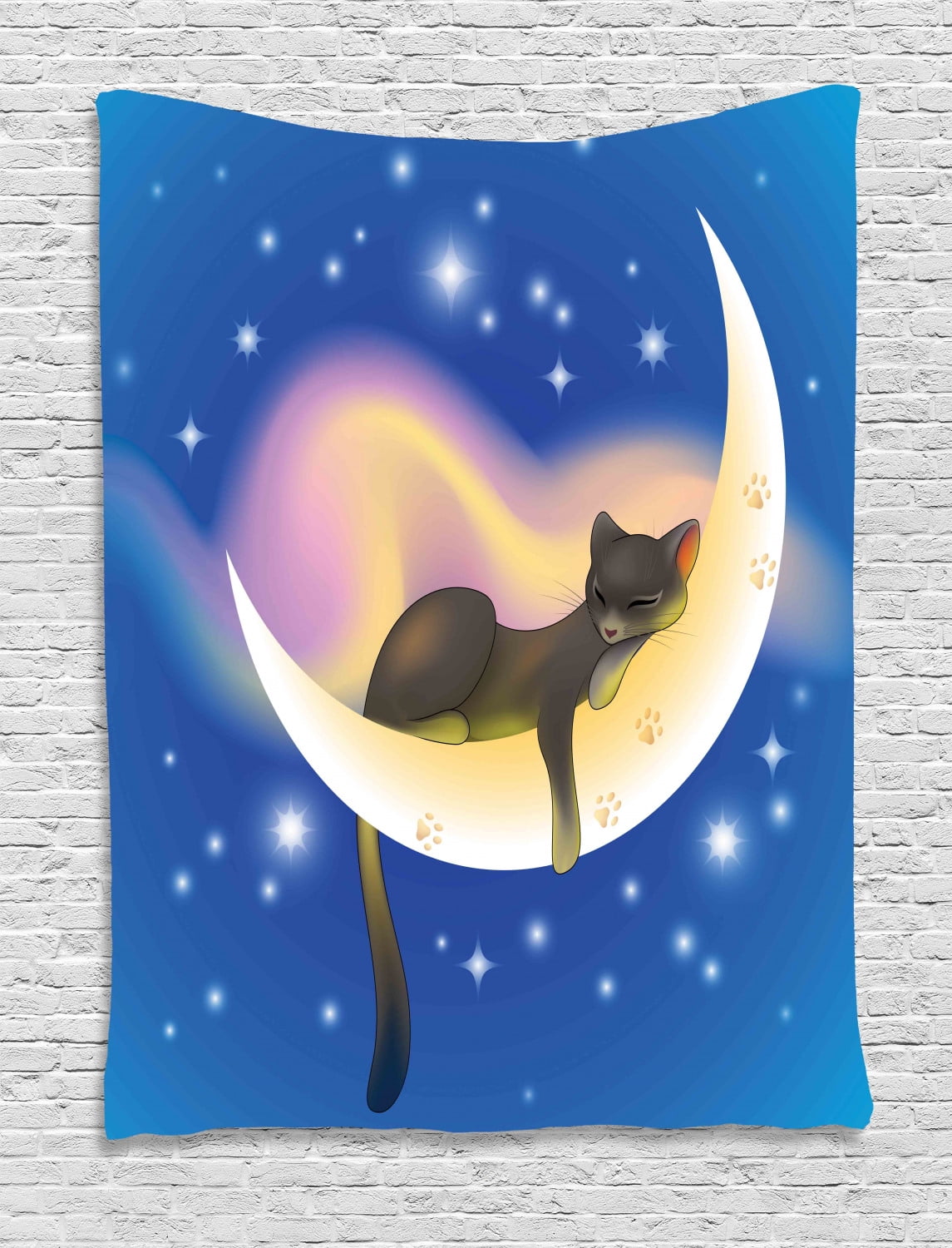 Cat Tapestry, Cat Sleeping on Crescent Moon Stars Night Sweet Dreams ...