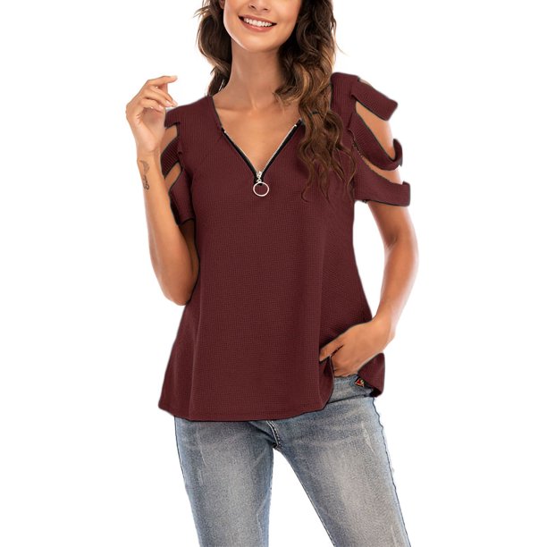 Telisoe Women Short Sleeve Cut Out Cold Shoulder Tops T Shirts Summer