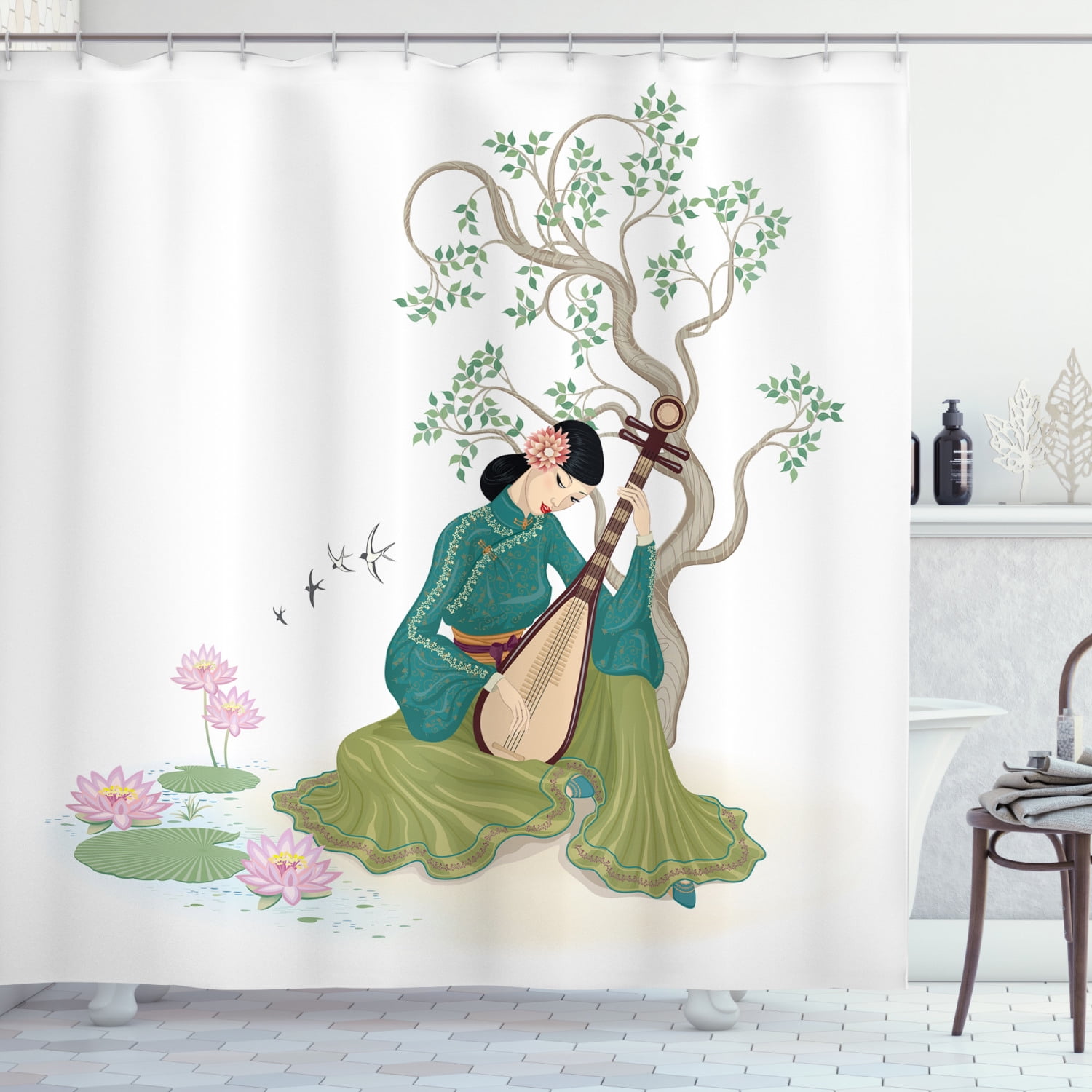 Chinese Shower Curtain, Young Woman Sitting near a Tree and Playing ...