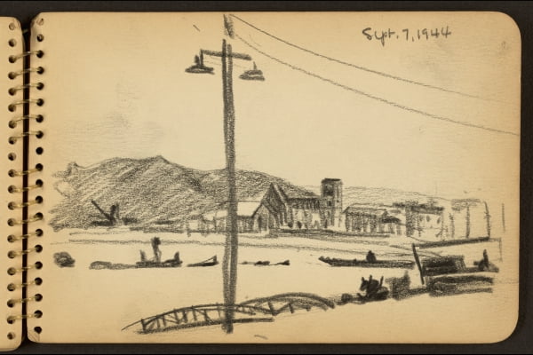 Print: Town Of Cherbourg, Sketch by Victor Lundy, 1944 - Walmart.com