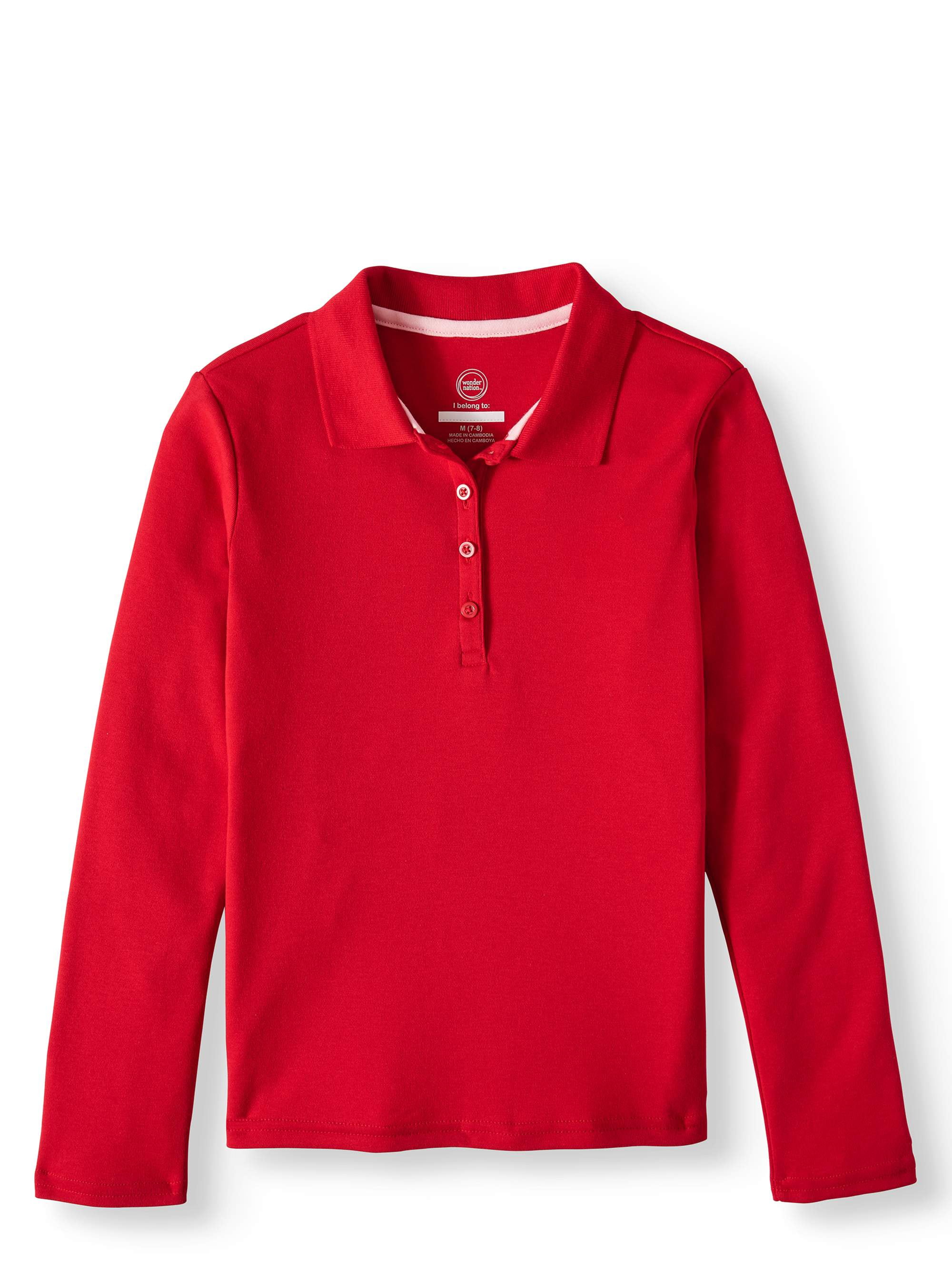 Wonder Nation Girls School Uniform Long Sleeve Interlock Polo Shirt ...