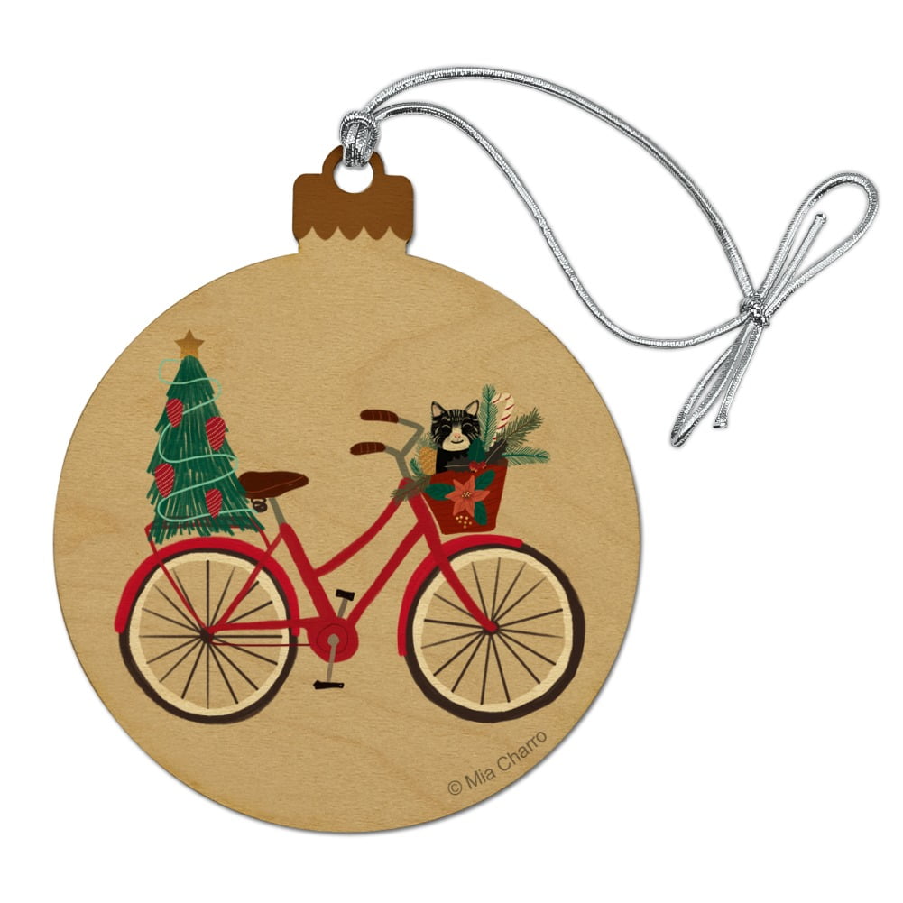 Christmas Bicycle Bike and Cat in Basket Wood Christmas Tree Holiday ...